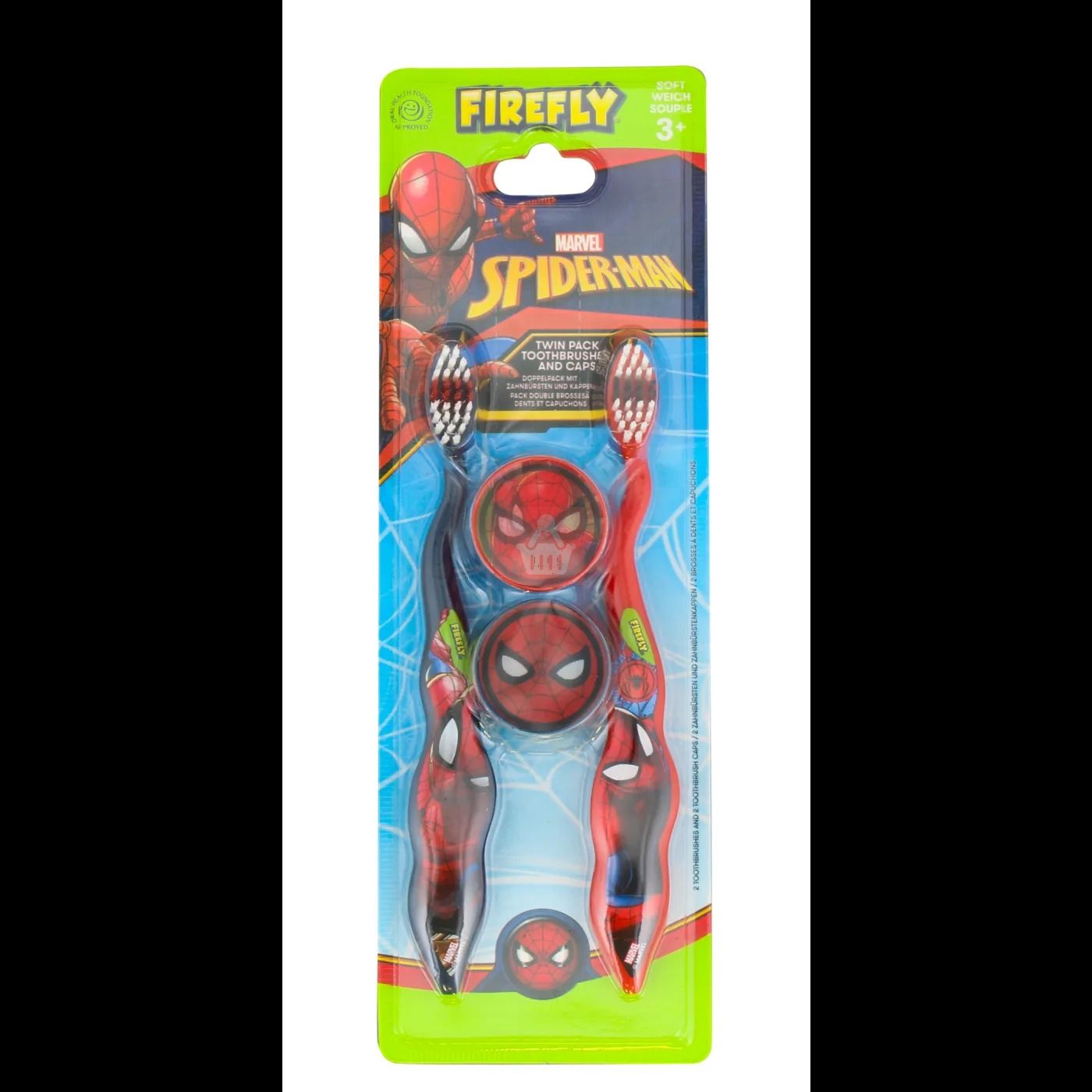 Firefly Marvel Spiderman Toothbrush With Travel Caps Twin Pack